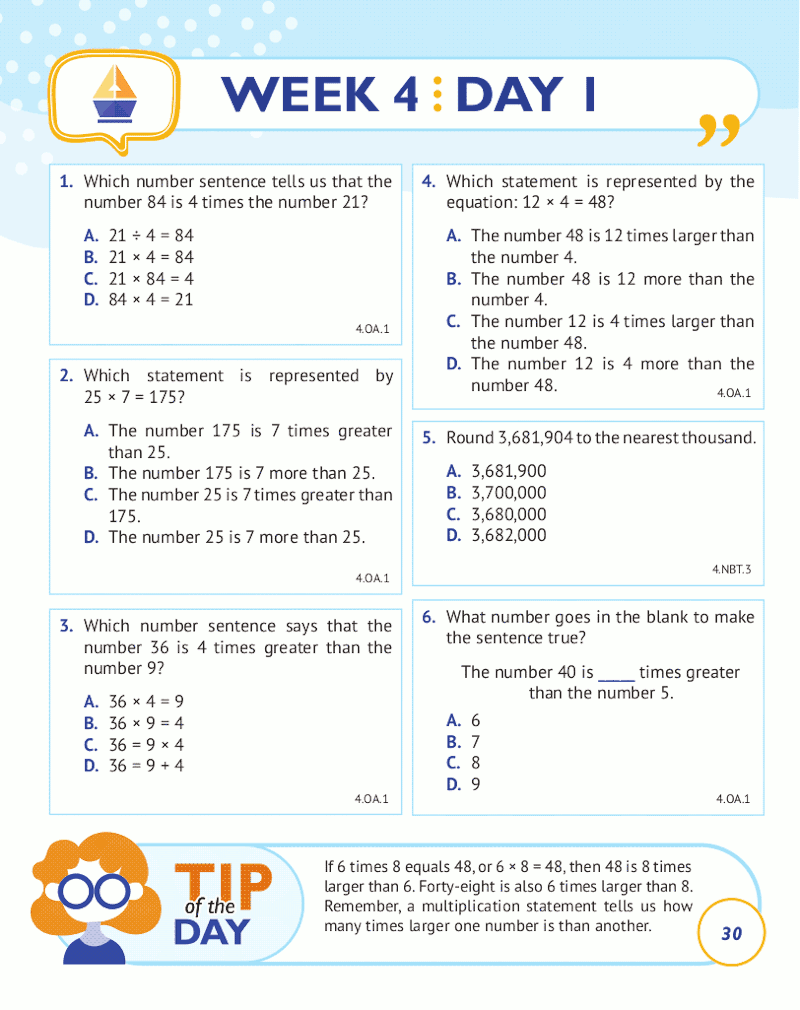4th Grade Common Core Math: Daily Practice Workbook Part I: Multiple ...