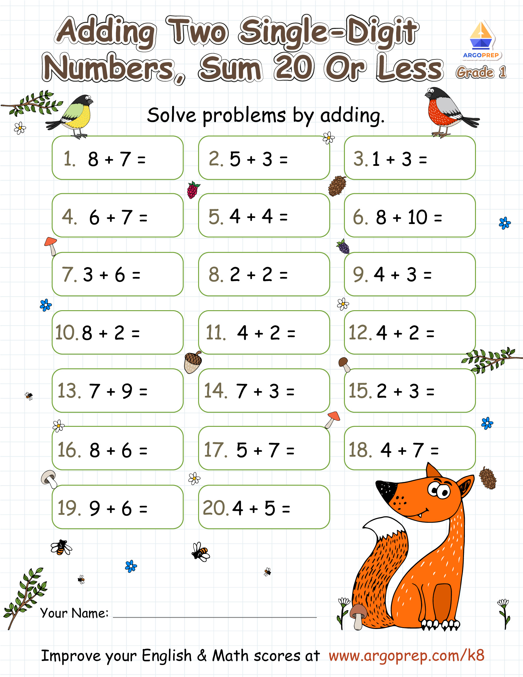 Single-Digit Addition with Sneaky Fox - ArgoPrep