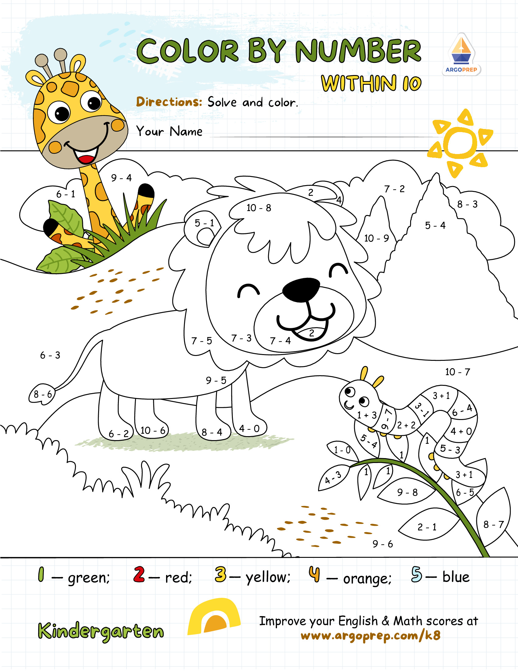 Color by number adding subtracting within 10_2 Kindergarten - ArgoPrep